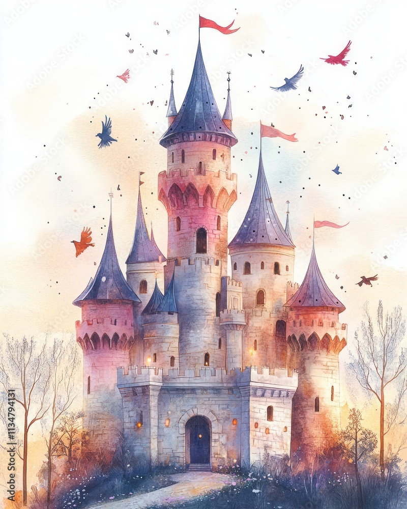 Whimsical Watercolor Castle Scene with Towers Flags and Playful Birds ...