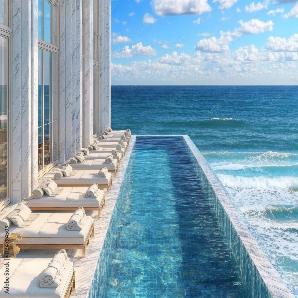 Swimming pool in the hotel with azure water. The ocean is separated by ...