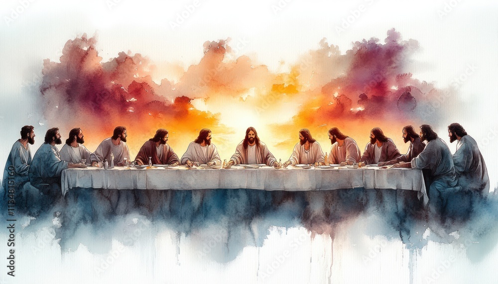 The Last Supper Jesus Christ Watercolor Painting Sunset Dramatic ...