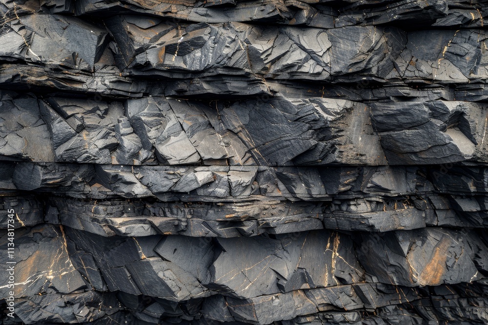 The geological formation features dark sedimentary rock with distinct ...