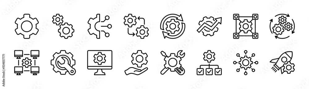 Setup and settings system thin line icon set. Contains options, configuration, technology ...