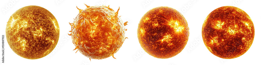 Four sun-like celestial bodies exhibiting varying textures and ...