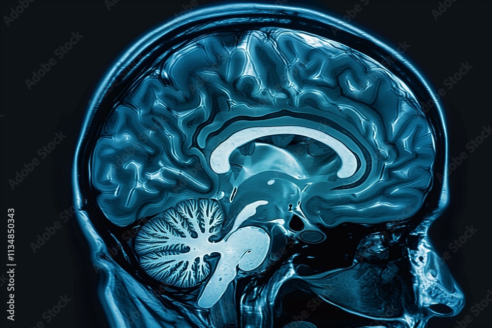 Blue X-ray image of human brain anatomy, 3-D sagittal section (side ...