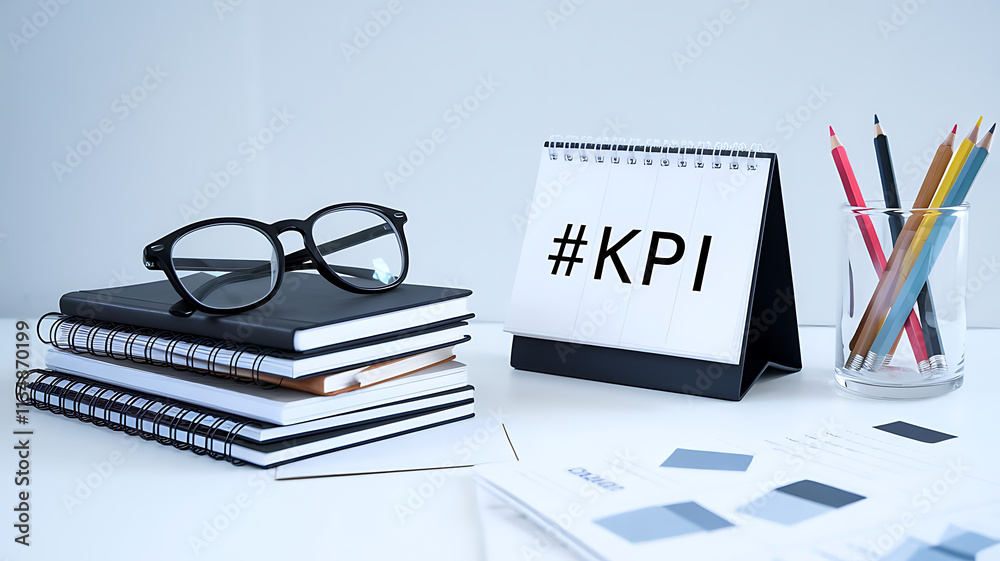 KPI Calendar, minimalist workspace, clean desk setup, with Eyeglasses ...