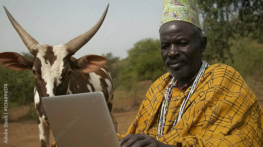 African Man with Cow Uses Laptop Photo Stock Illustration | Adobe Stock
