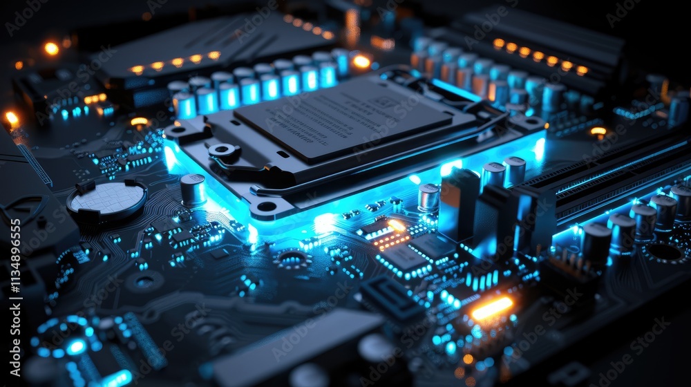 A computer motherboard with a blue light shining on it's side and a ...