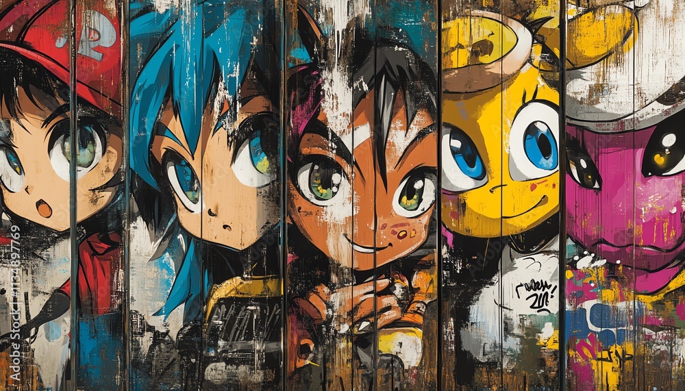 Street art graffiti in cartoon anime style, featuring large anime ...