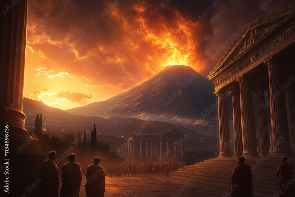 Digital illustration of the historical Pompeii showing the eruption of ...