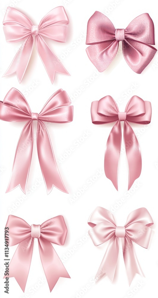 Set of ribbons and bows in pink pastel, vector clip art with detailed ...