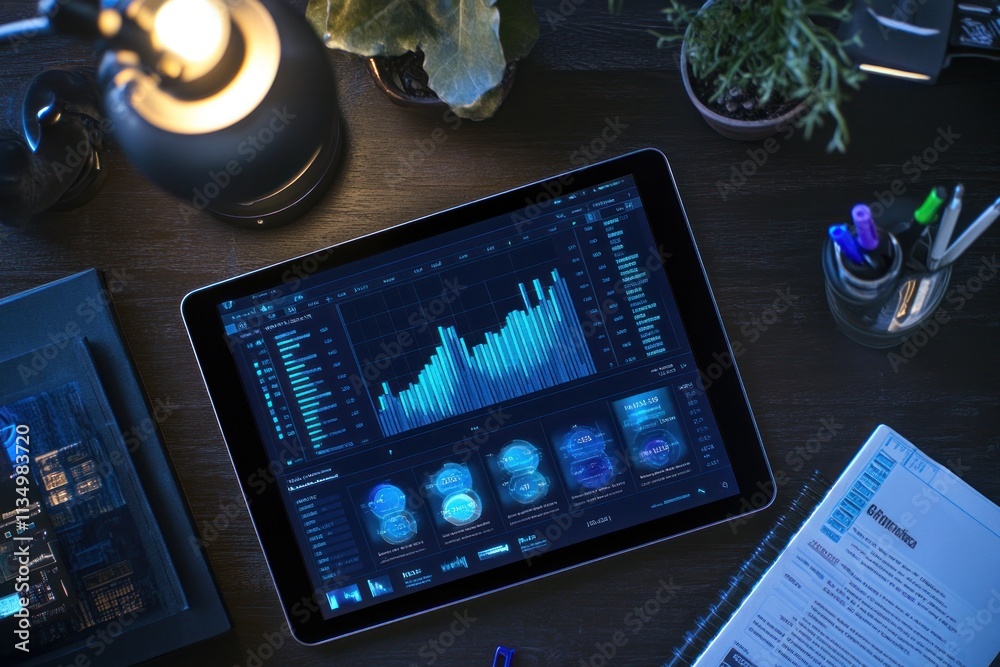 Tablet displaying data analytics charts and graphs on a dark desk with office supplies. (1 ...