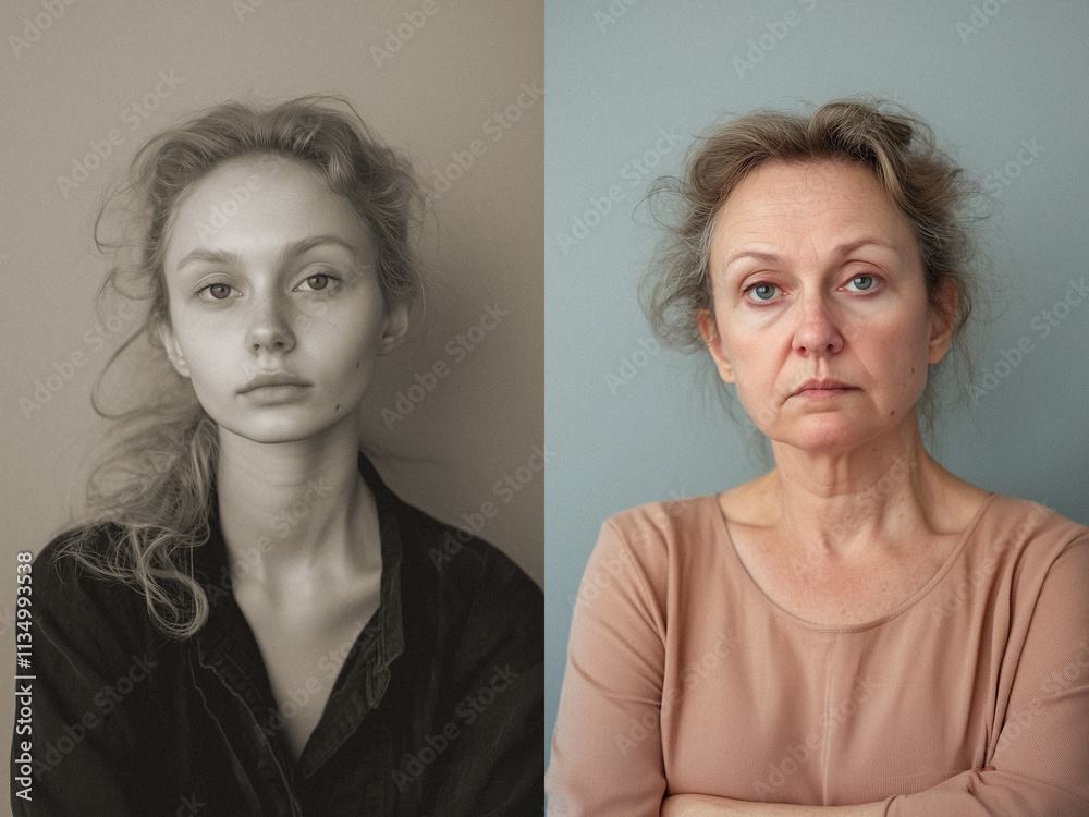 concept of aging - then and now portraits of blonde woman side by side ...