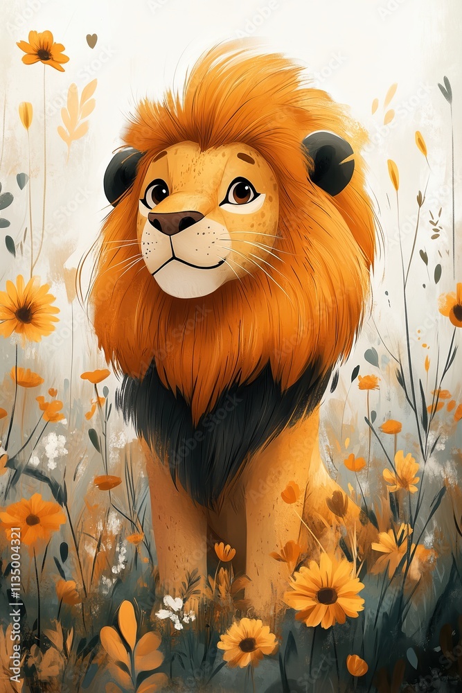 lion in safari jungle, organic forms, desaturated light and airy pastel ...