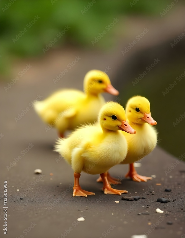 A group of bright yellow ducklings walk in a line following their ...