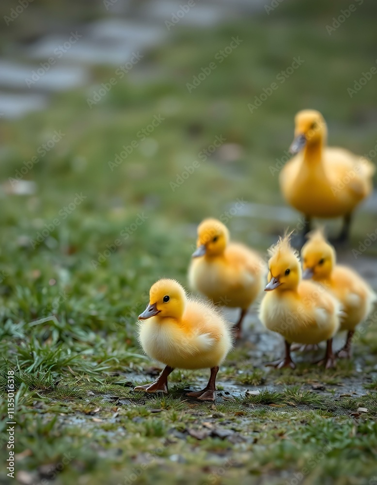 A group of bright yellow ducklings walk in a line following their ...