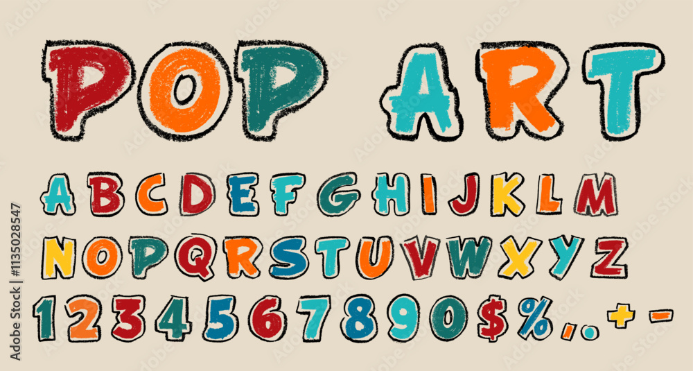 Pop Art Alphabet and Numbers Crayon Chalk Drawing Vector Set Stock ...