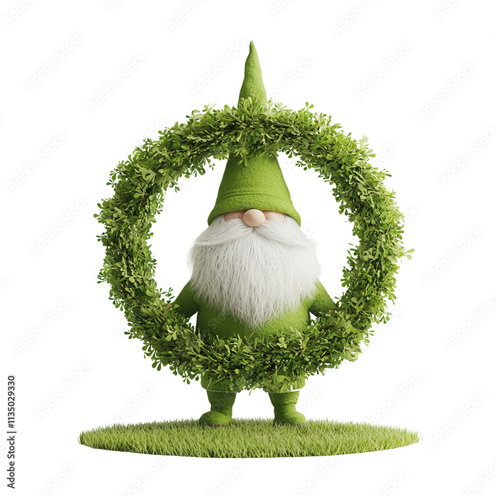 A whimsical gnome stands within a lush, circular greenery, exuding ...