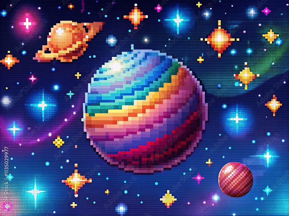 Looping Animation of Pixel Art Planet Surface with Falling Stars in 2D ...