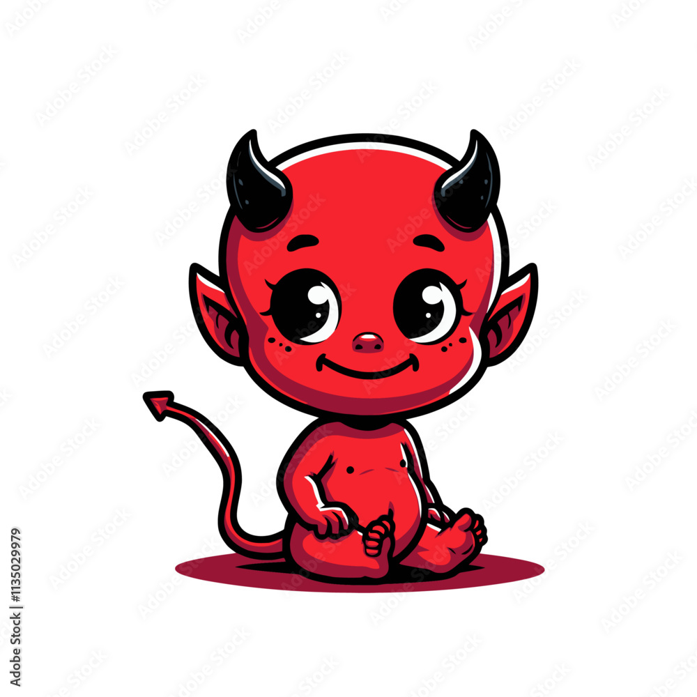 Adorable cartoon baby devil sitting with a cheerful smile, featuring ...