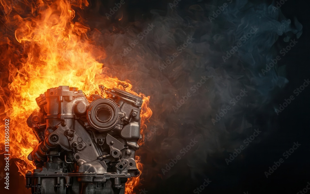 mechanics repair concept. A repaired engine undergoing thermal testing ...