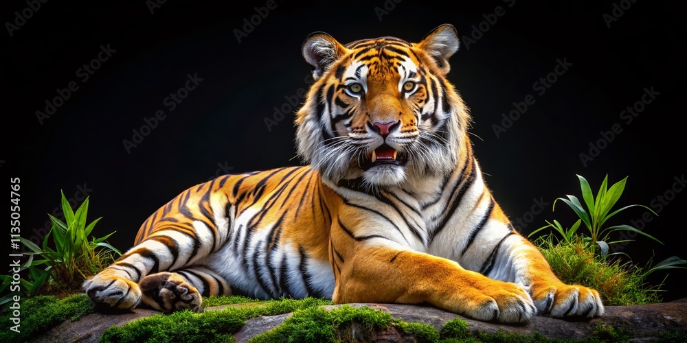 Majestic Tiger Roaring While Laying Down in a Stunning Panoramic View ...