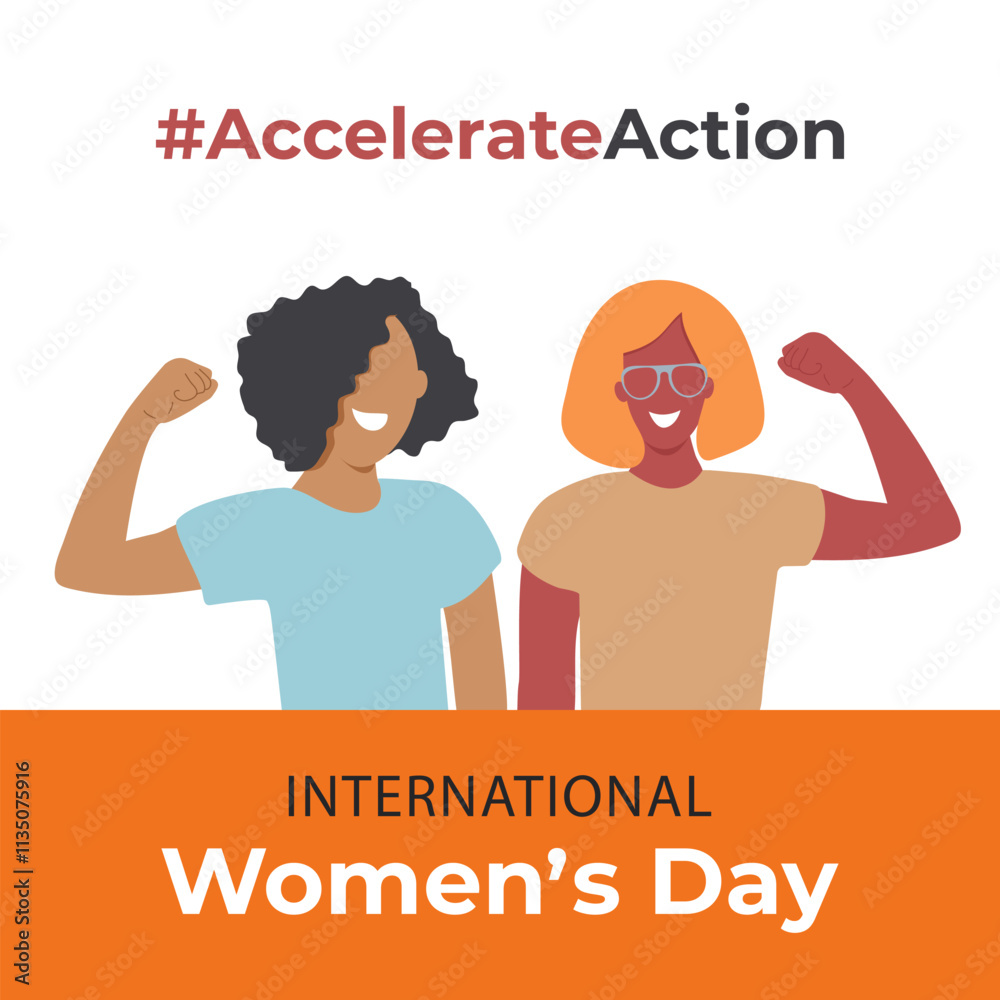 Banner Accelerateaction. International Women's Day 2025. Women in pose of accelerate action ...