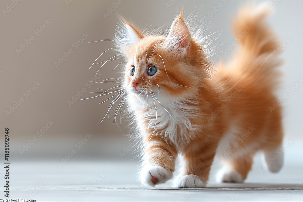 Adorable fluffy ginger kitten with bright blue-eyed whiskers and ...