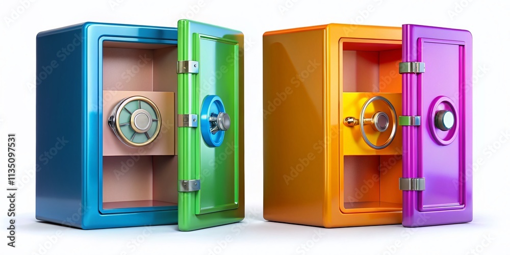 Open and Closed Cartoon Safe Set: Front View of Isolated Metal Safes in ...