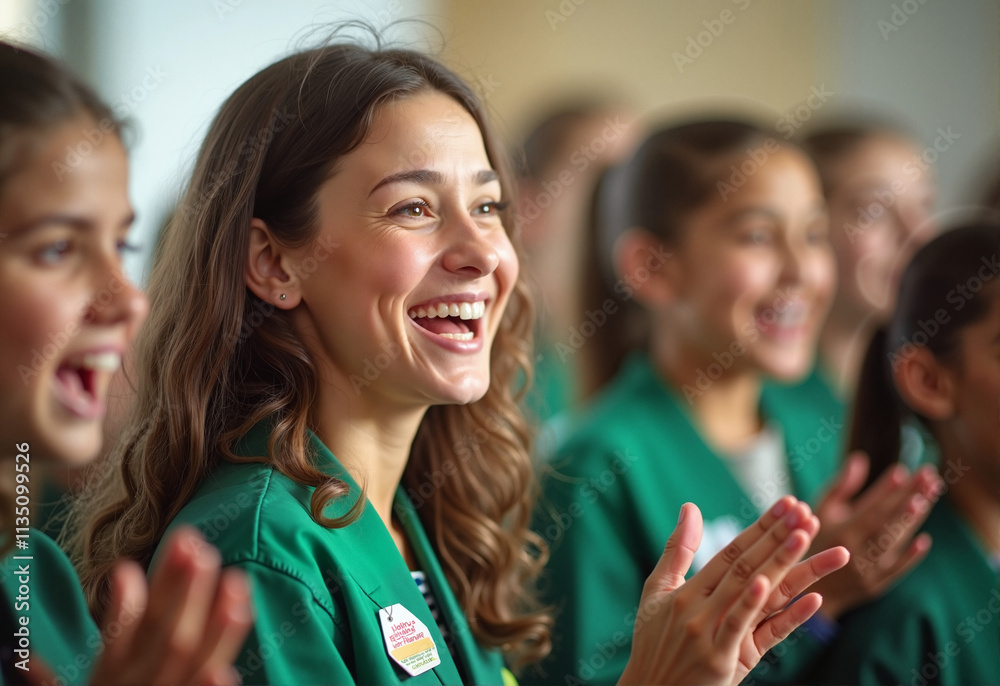 Girl Scout leader leading song with joyful expression and clapping ...