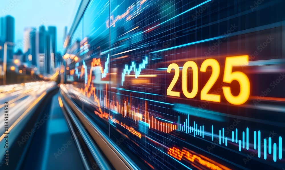 Futuristic city view with 2025 timeline and digital chart overlay ...