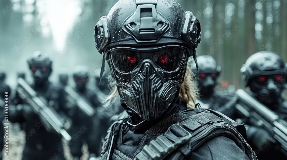 Stock-Foto „Heavily armored soldiers in black with glowing red eyes ...