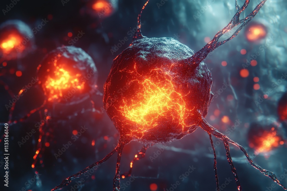 3D illustration, embryonic stem cells, cellular therapy, glowing cells ...