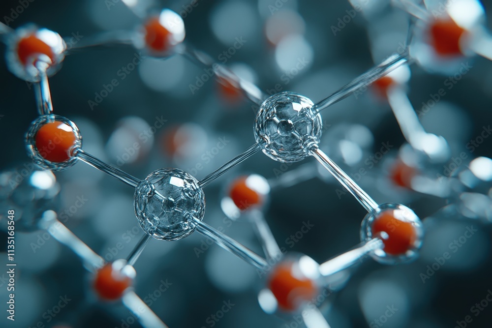 3D render, science background, complex molecule structure, atom ...