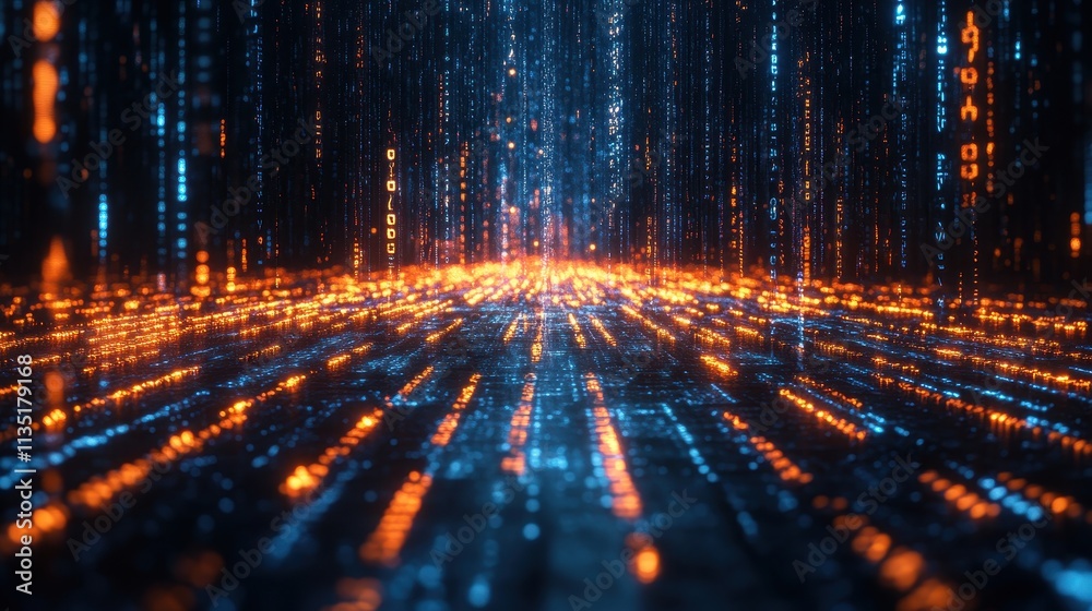 Abstract Digital Data Flow with Binary Code and Glowing Particles in Deep Blue and Orange. Stock ...