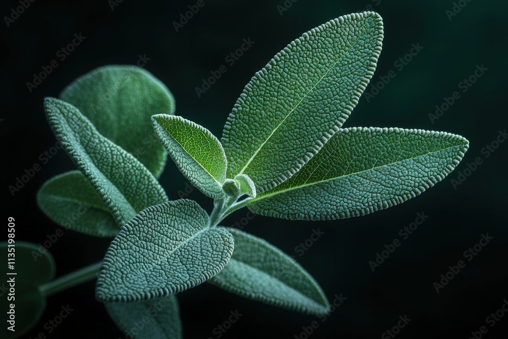 Macro shot, exotic sage green leaf, prominent veins, natural texture ...