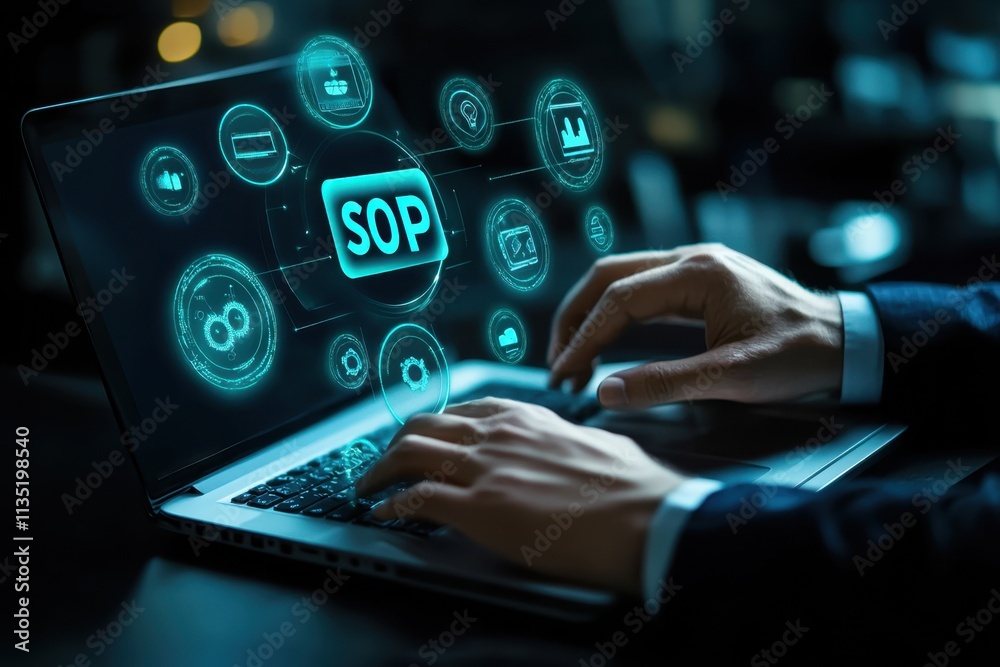 SOP, Standard operating procedure concept. Businessman use laptop with ...