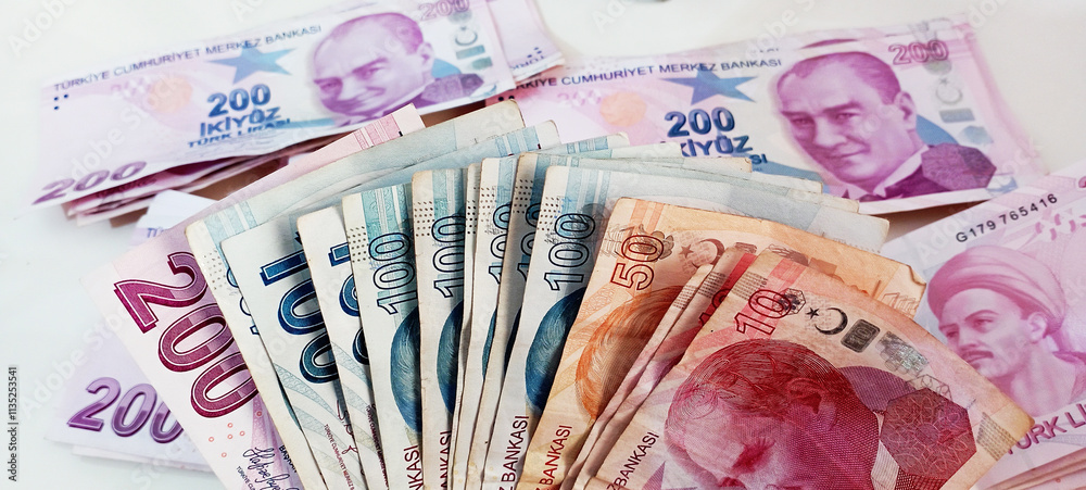 Turkish Lira background. Turkish money. 10,20,50, 100 and 200 tl. Copy ...