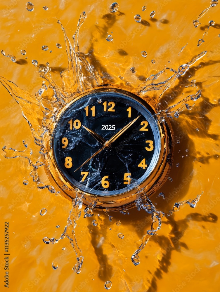 Golden Clock Splash - Time, water, luxury, elegance, 2025. A golden ...