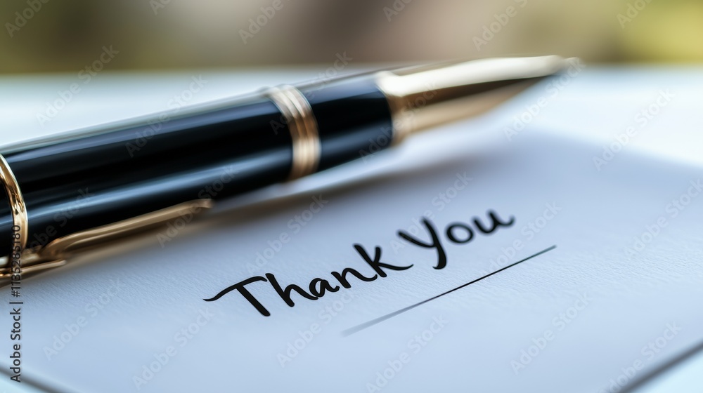 A black and gold pen resting on a handwritten "Thank You" note on a ...
