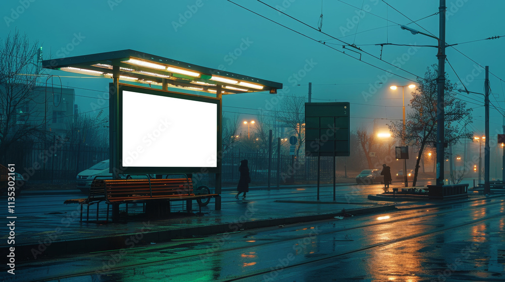 Generative AI. A modern billboard at a busy bus stop in the city ...