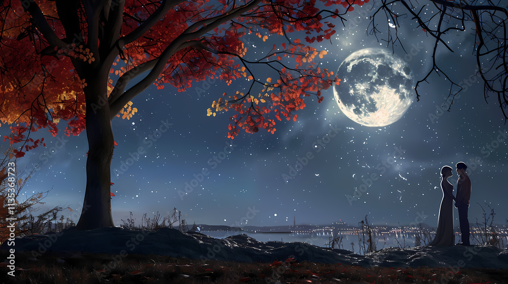 Moonlight Romance: A couple stands silhouetted against a luminous full ...