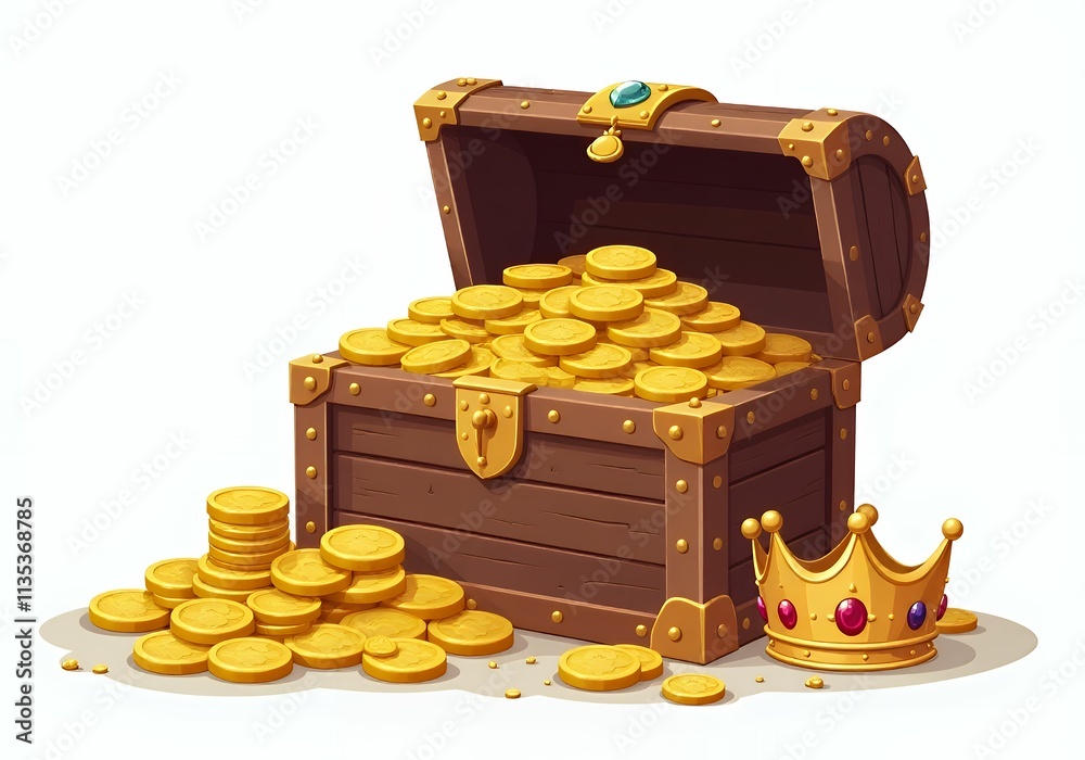 Treasure chest and piles of gold set isolated on white background ...