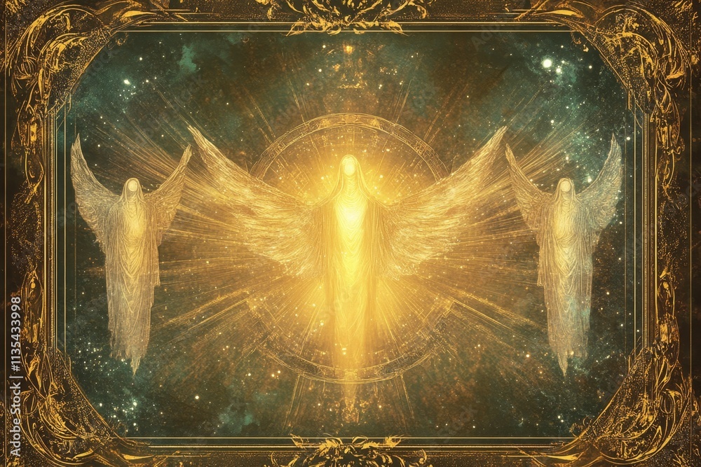 Judgement tarot card mystical golden frame with radiant figures ...