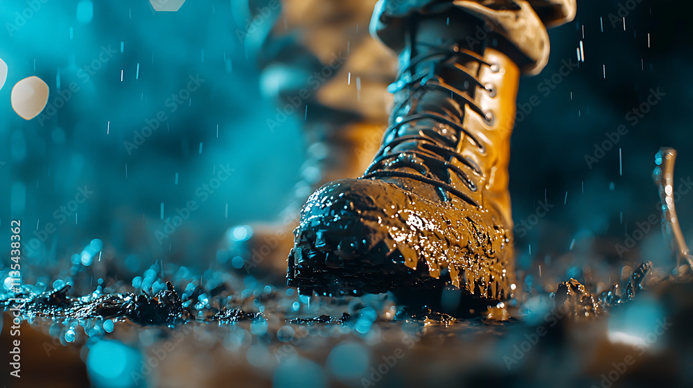 close up photo of military boot stepping into muddy terrain, showcasing water droplets and ...