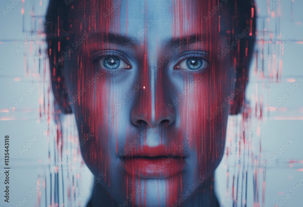 Foto de Stock Deepfake A digital face with red and blue lines representing artificial ...