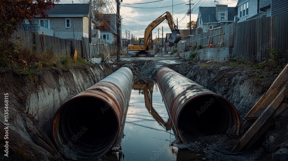 Underground pipe connection with excavator and homes in background a ...
