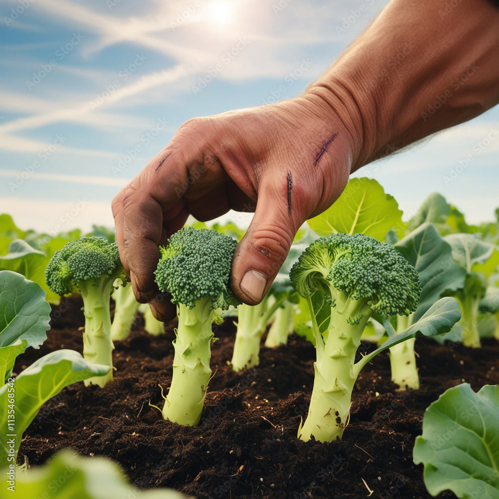 Farm worker's hand planting organic broccoli seedlings in soil, fresh ...