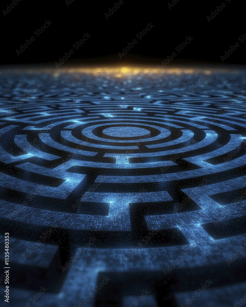 Intricate labyrinth formed by glowing pathways converging, deep black ...