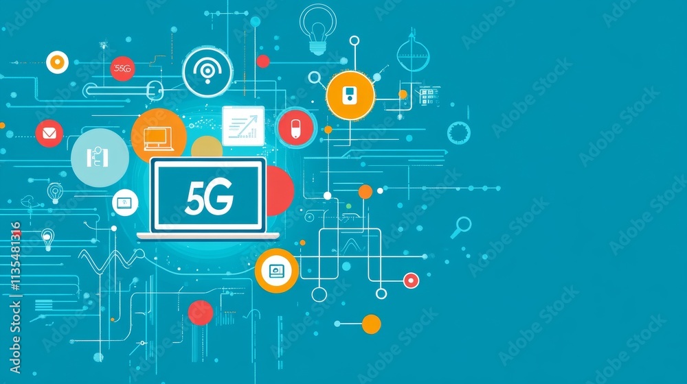 Innovative 5g technology banner featuring laptop and digital icons on a ...