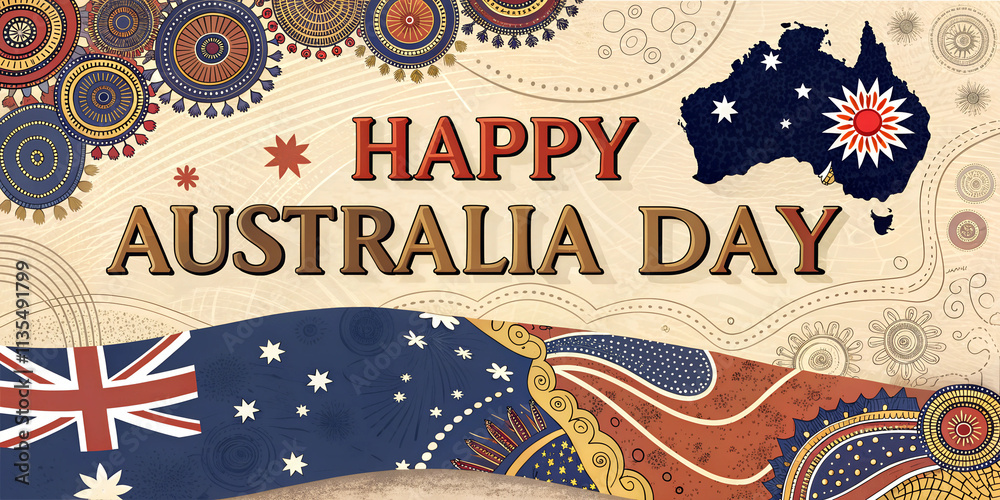 Happy Australia Day banner featuring the Australian flag, Aboriginal ...