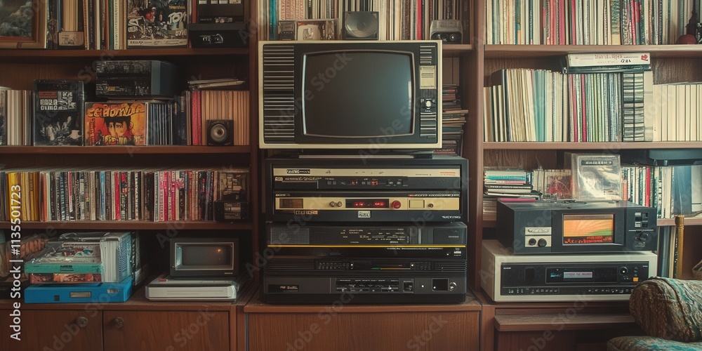 Vintage VHS tapes, nostalgic 80s collection, VCR on a living room shelf ...